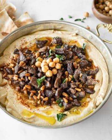 Hummus with Spiced Meat and Pine Nuts - Forks and Foliage